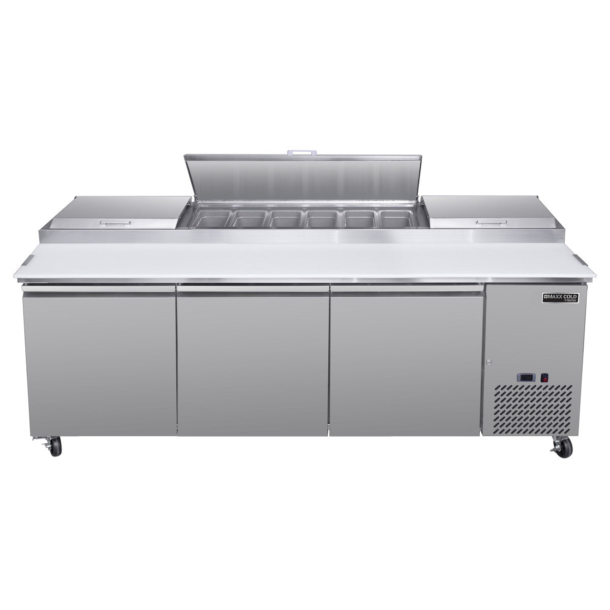 Maxx Cold V-Series 3 Door Refrigerated Pizza Prep Table, 92"W, 30.8 cu ...